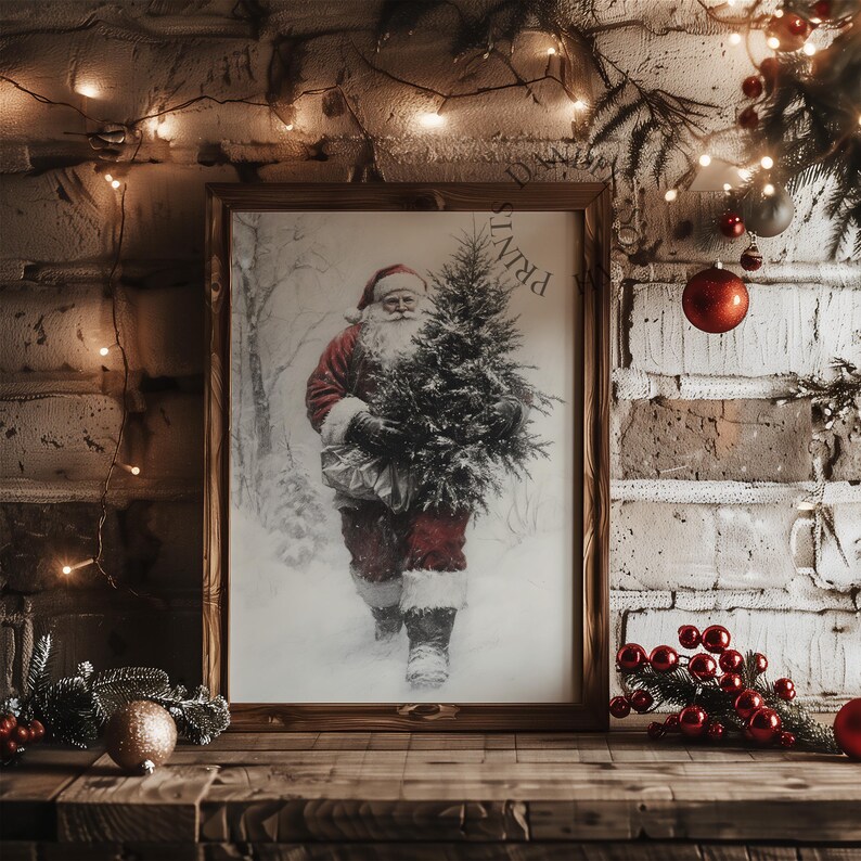Santa Digital Wall Art PRINTABLE, Vintage Christmas Santa Holding Tree ...