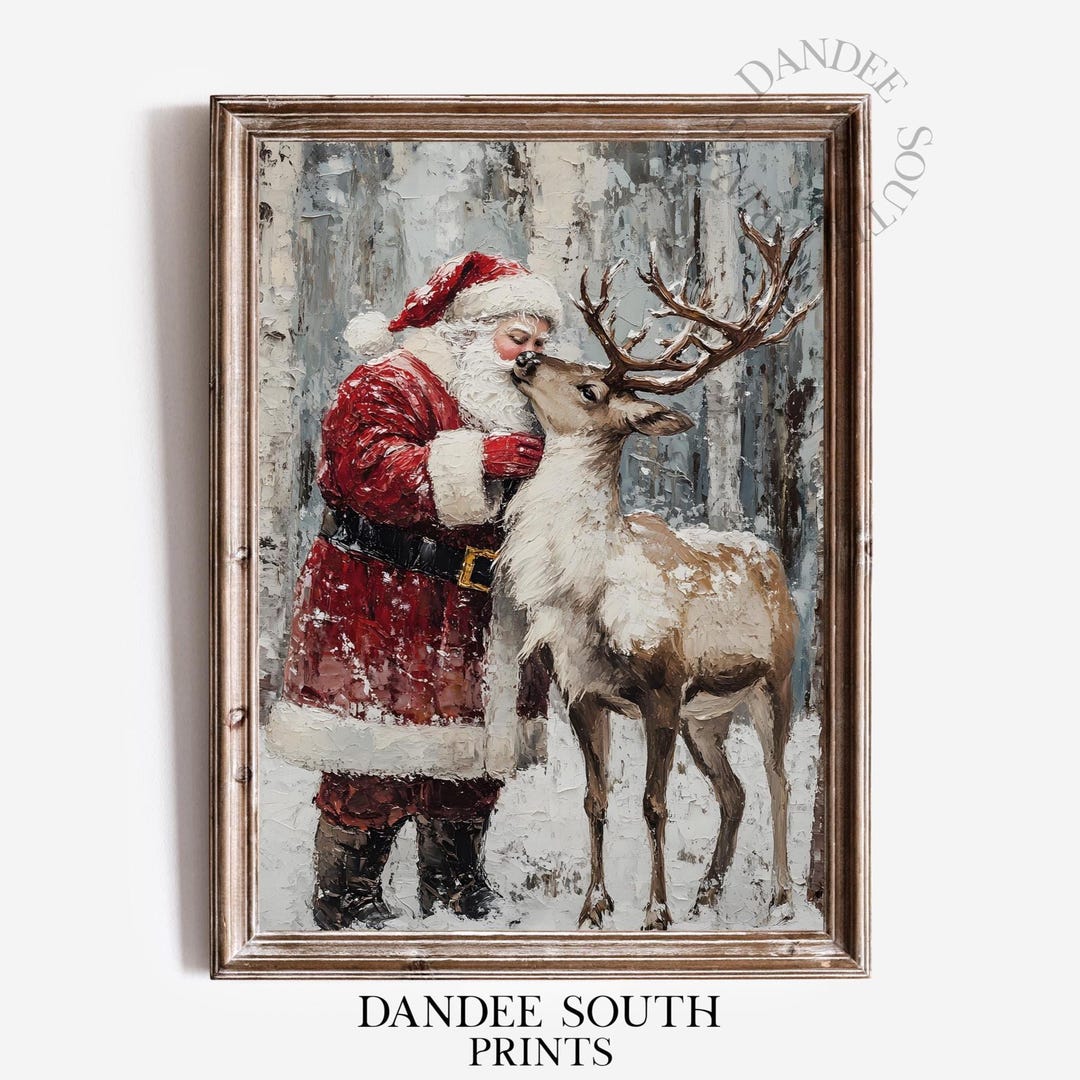 Santa With Reindeer Digital Wall Art PRINTABLE, Vintage Christmas ...
