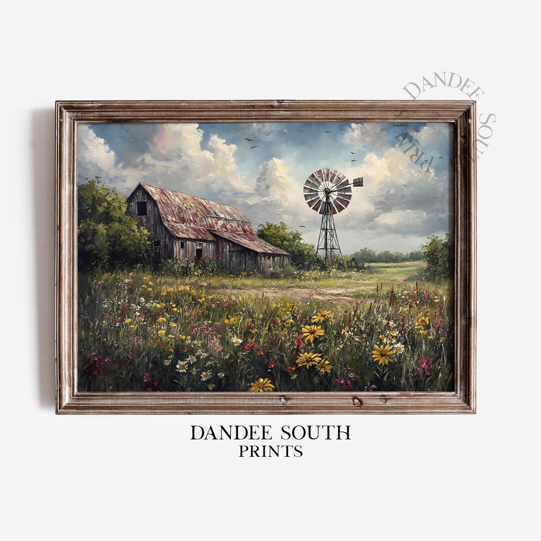 Rustic Barn and Windmill Digital Wall Art Printable, Rural Landscape ...