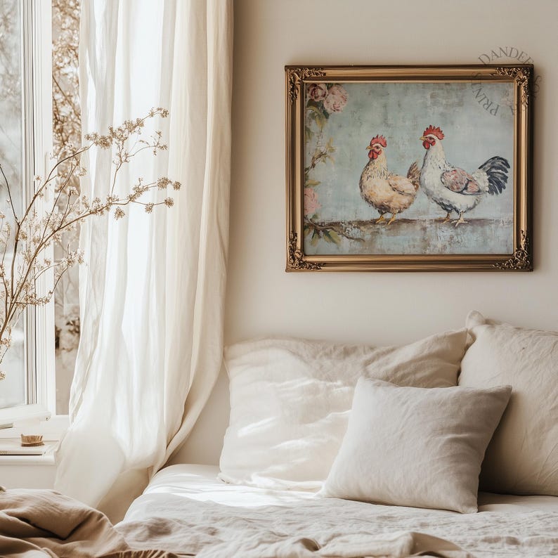 Vintage Chicken Digital Wall Art, Printable Floral Chicken Wall Art ...