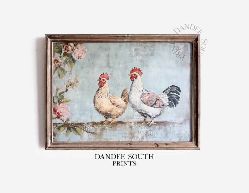 Vintage Chicken Digital Wall Art, Printable Floral Chicken Wall Art ...