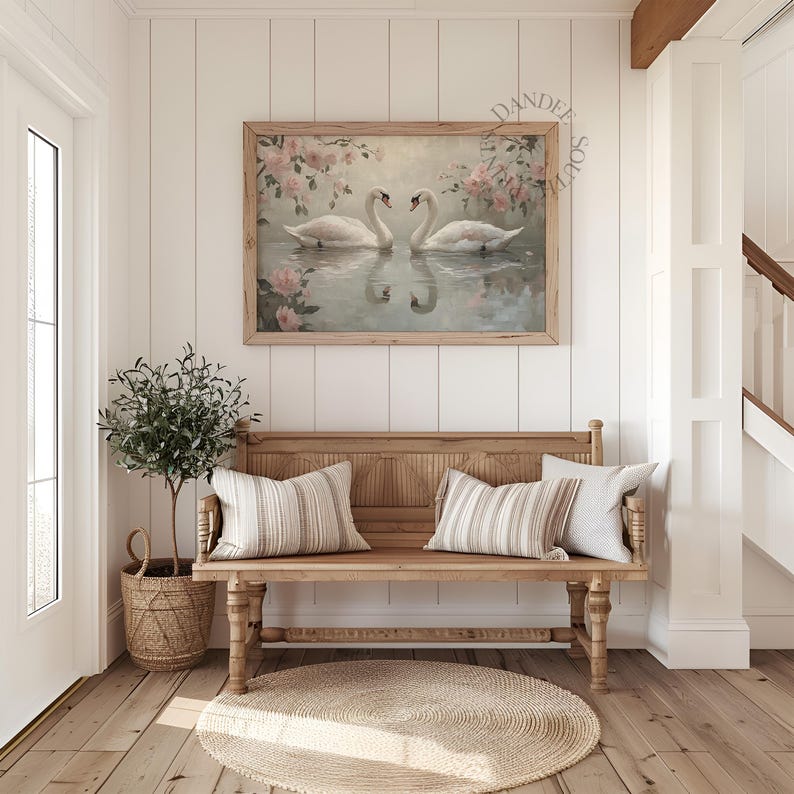 Swans Digital Wall Art, Wall Art Printable, Swans With Flowers Digital ...