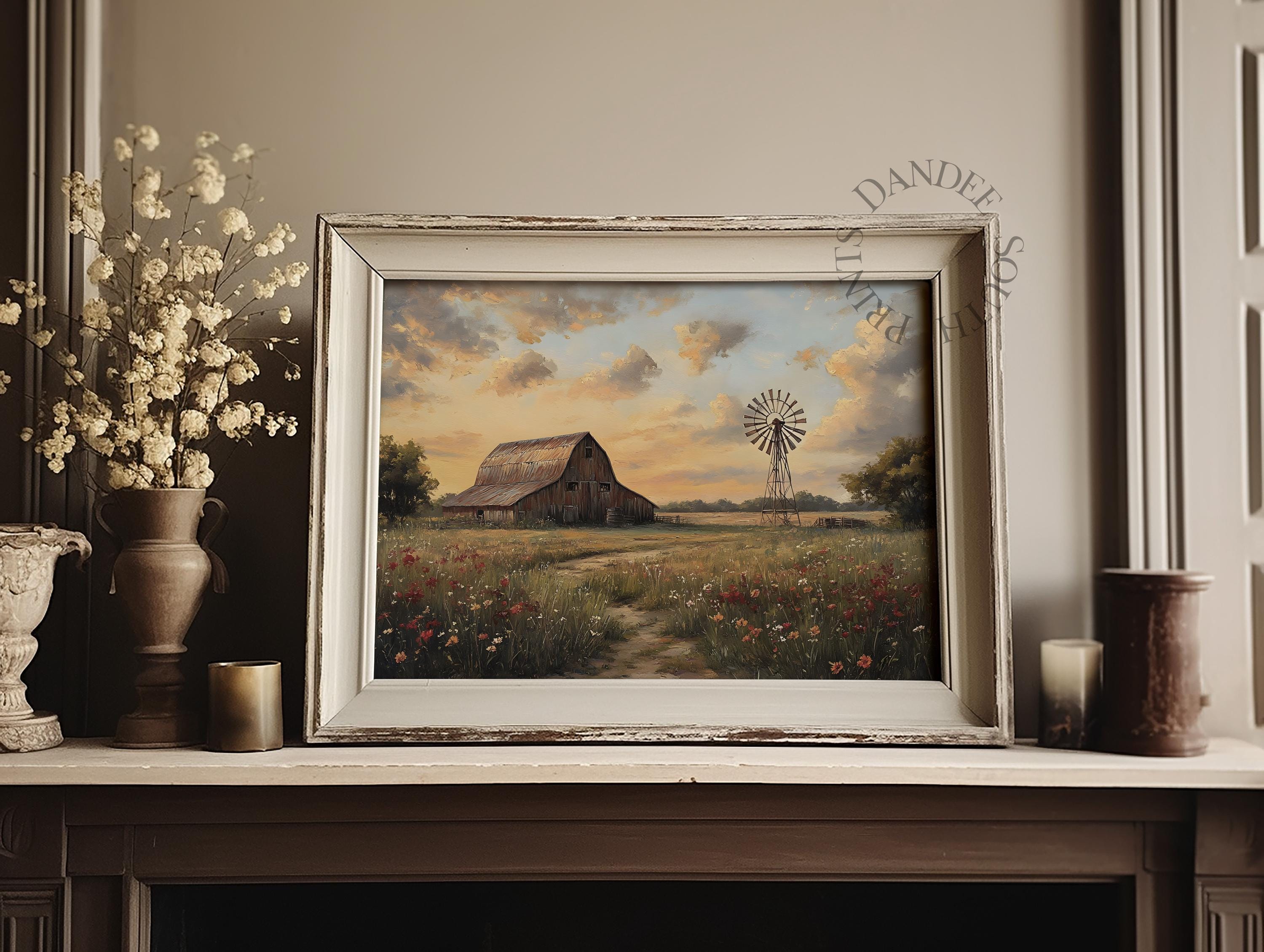 Rustic Barn and Windmill Digital Wall Art Printable, Rural Landscape ...