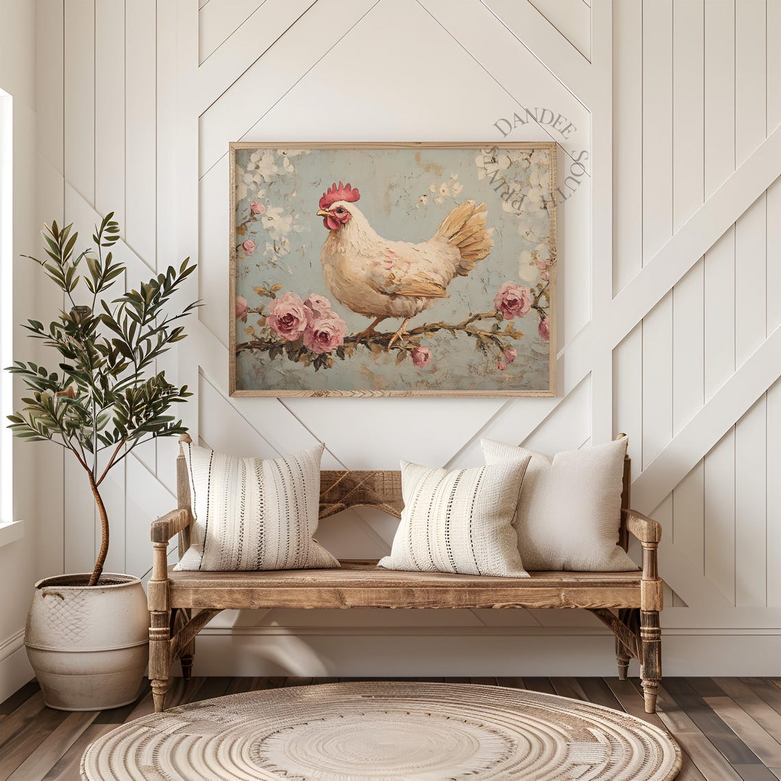 Vintage Chicken Digital Wall Art, Printable Floral Chicken Wall Art ...