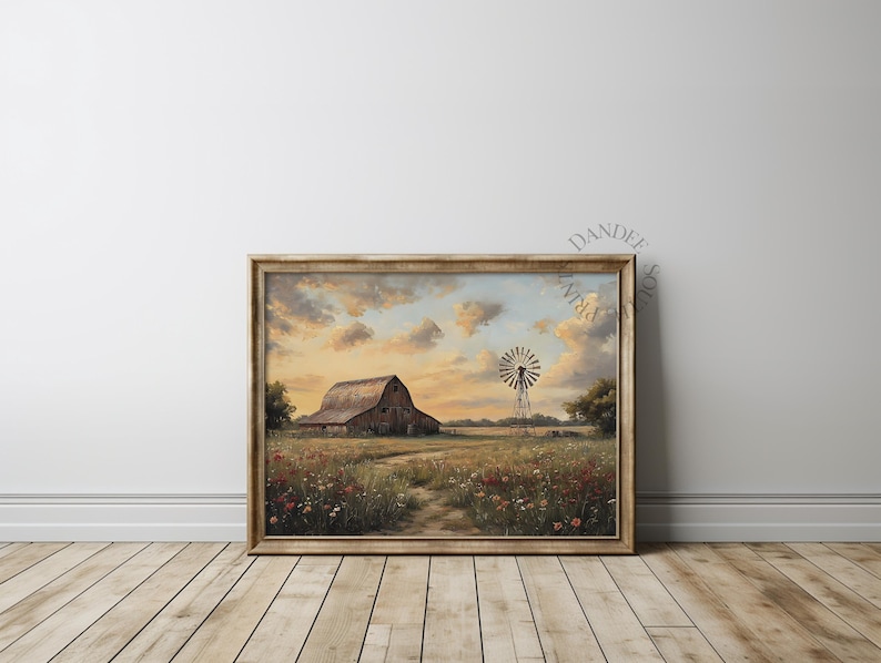 Rustic Barn and Windmill Digital Wall Art Printable, Rural Landscape ...