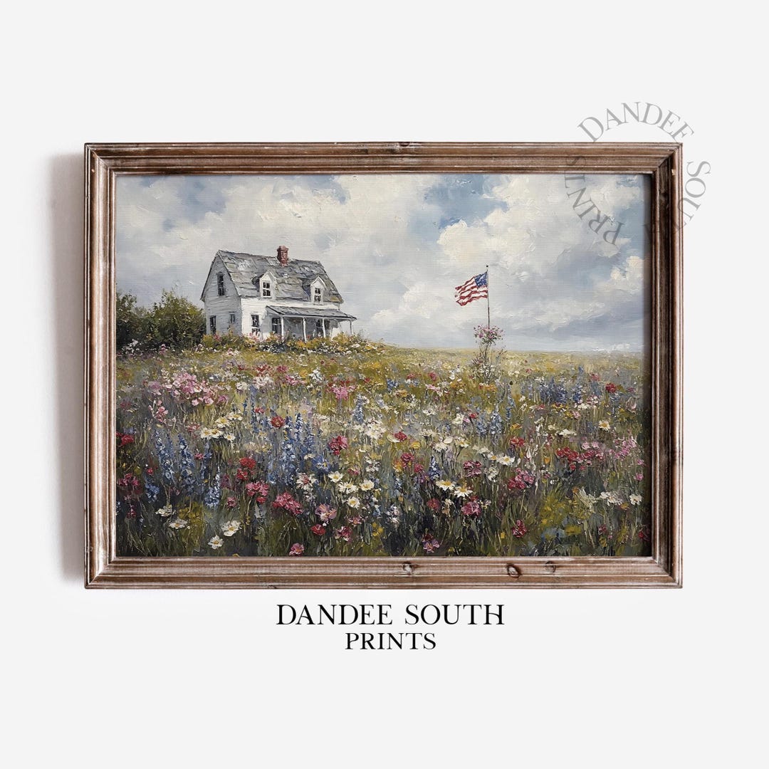 American Flag Landscape Digital Wall Art, Farmhouse & Wildflowers ...