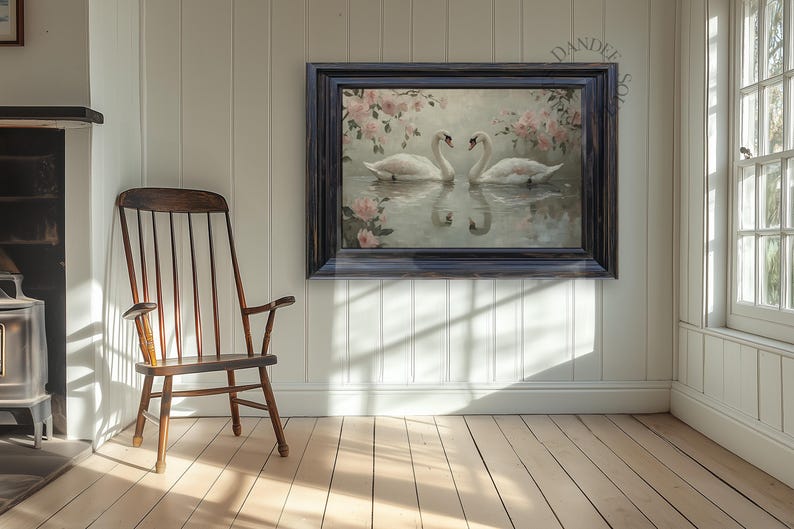 Swans Digital Wall Art, Wall Art Printable, Swans With Flowers Digital ...