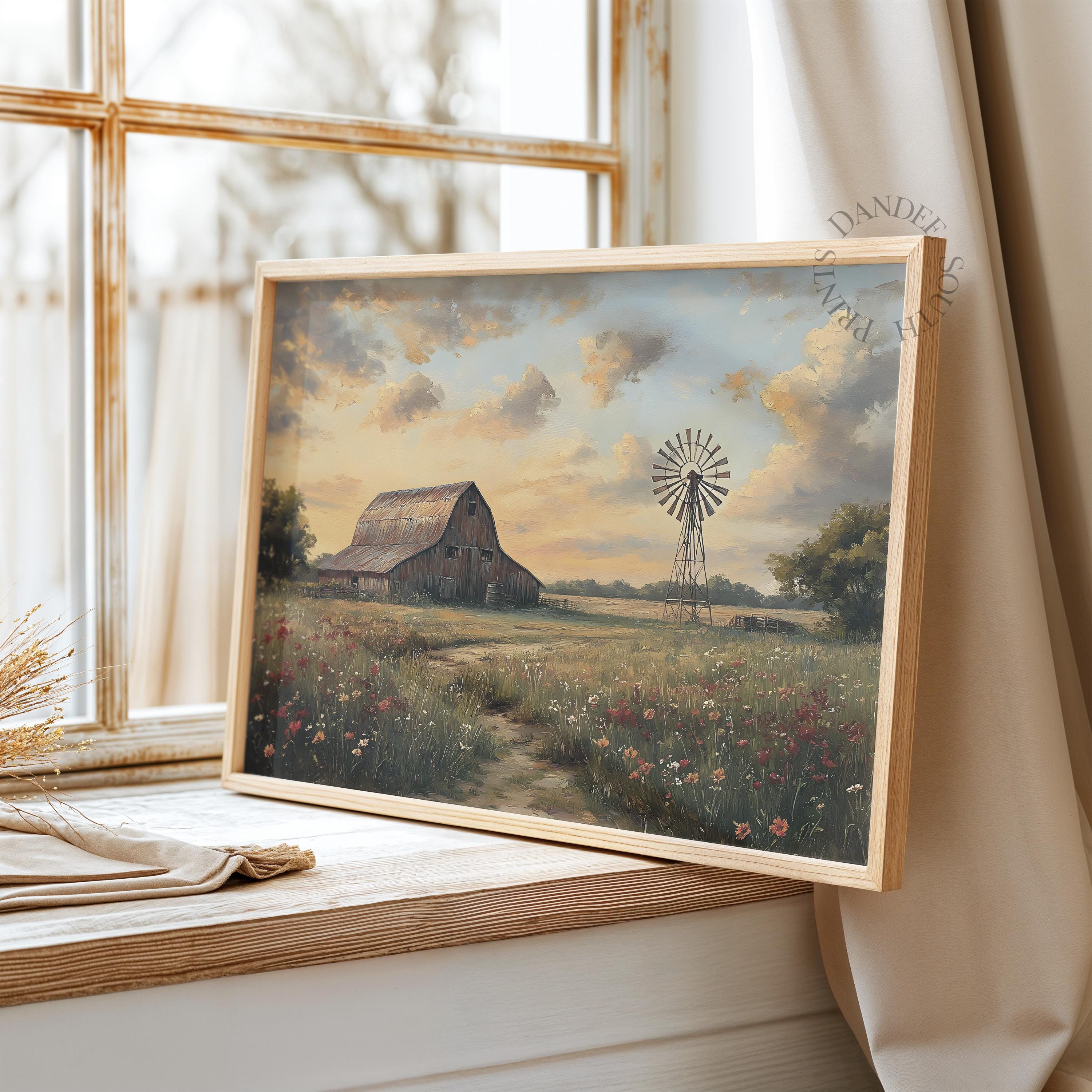 Rustic Barn and Windmill Digital Wall Art Printable, Rural Landscape ...
