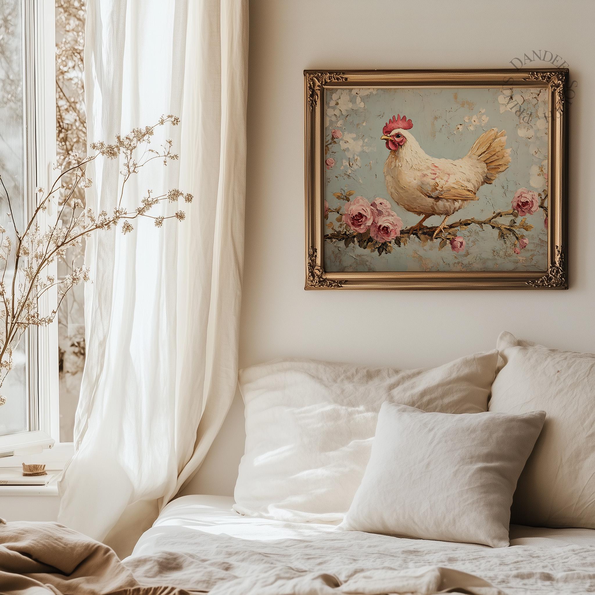 Vintage Chicken Digital Wall Art, Printable Floral Chicken Wall Art ...