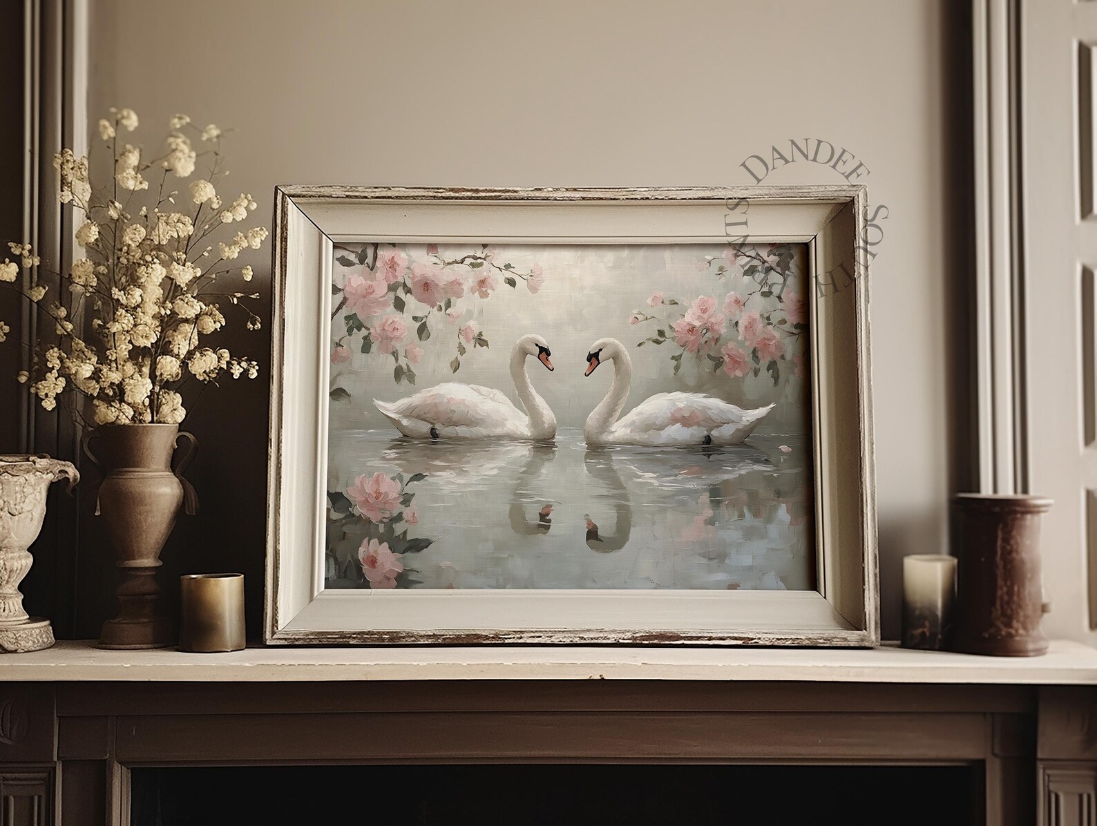 Swans Digital Wall Art, Wall Art Printable, Swans With Flowers Digital ...