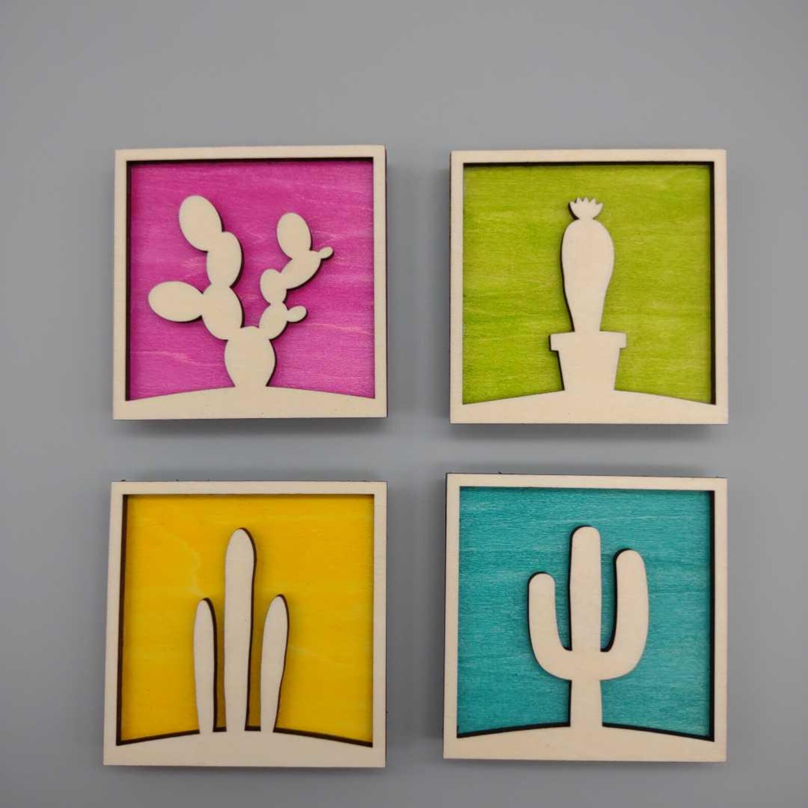 Set of 4 Multi-layered Light Colored Wood Laser Cut Cactus Magnets ...