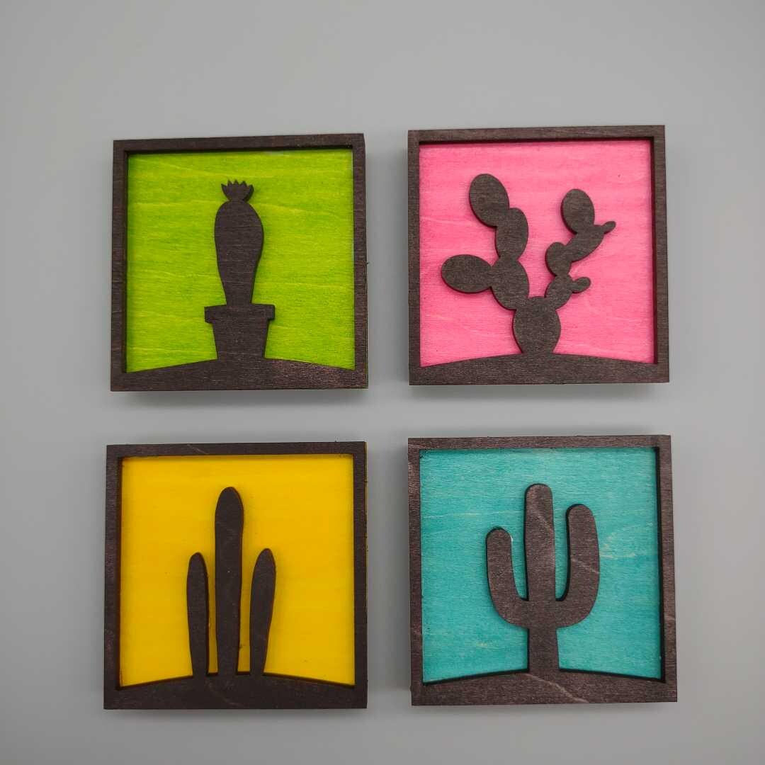Set of 4 - Multi-layered Dark Colored Wood Laser Cut Cactus Magnets ...