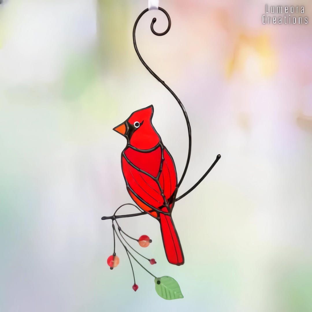 Stained Glass Red Cardinal Suncatcher, Handmade Bird Window Hanging ...