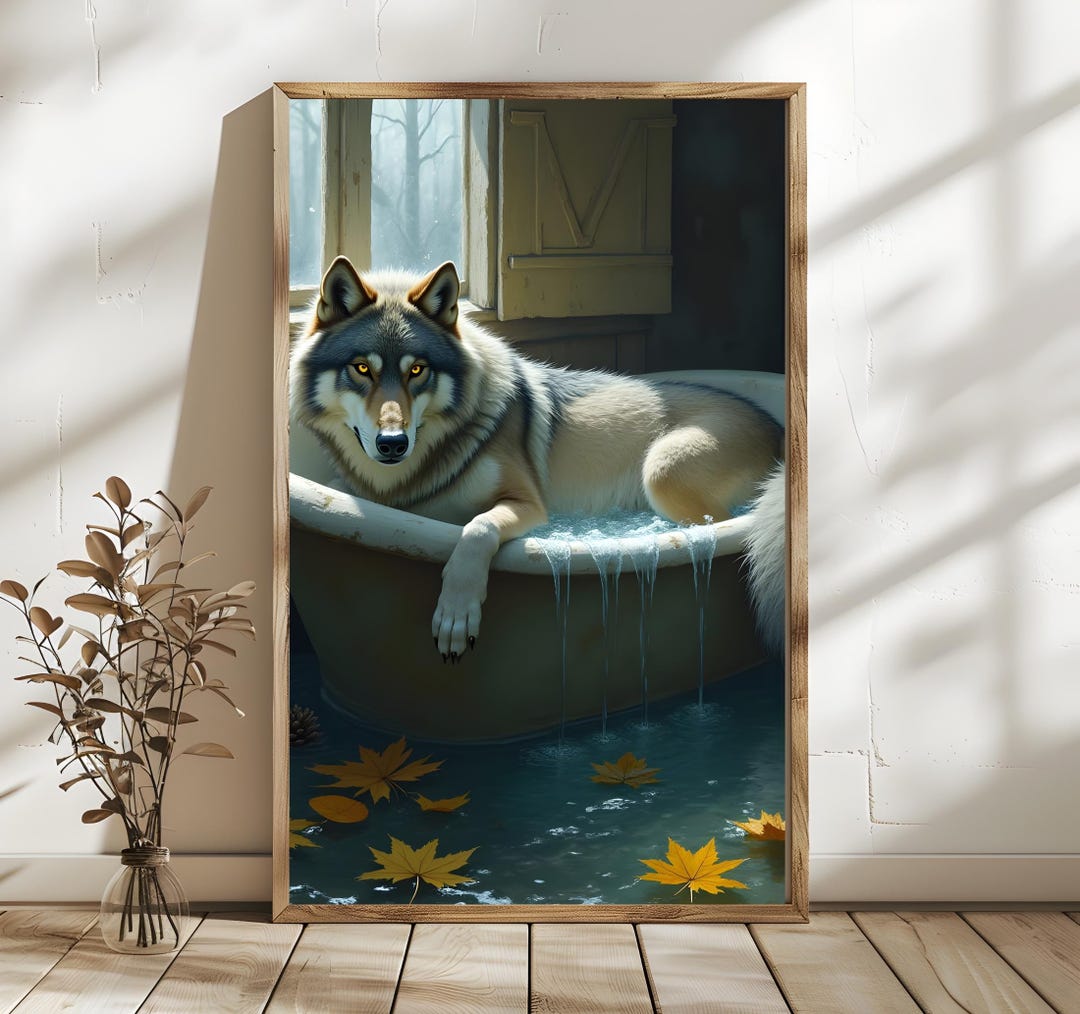 Wolf's Tranquil Bath - Whimsical Art Print | Wolf in Bathtub With ...