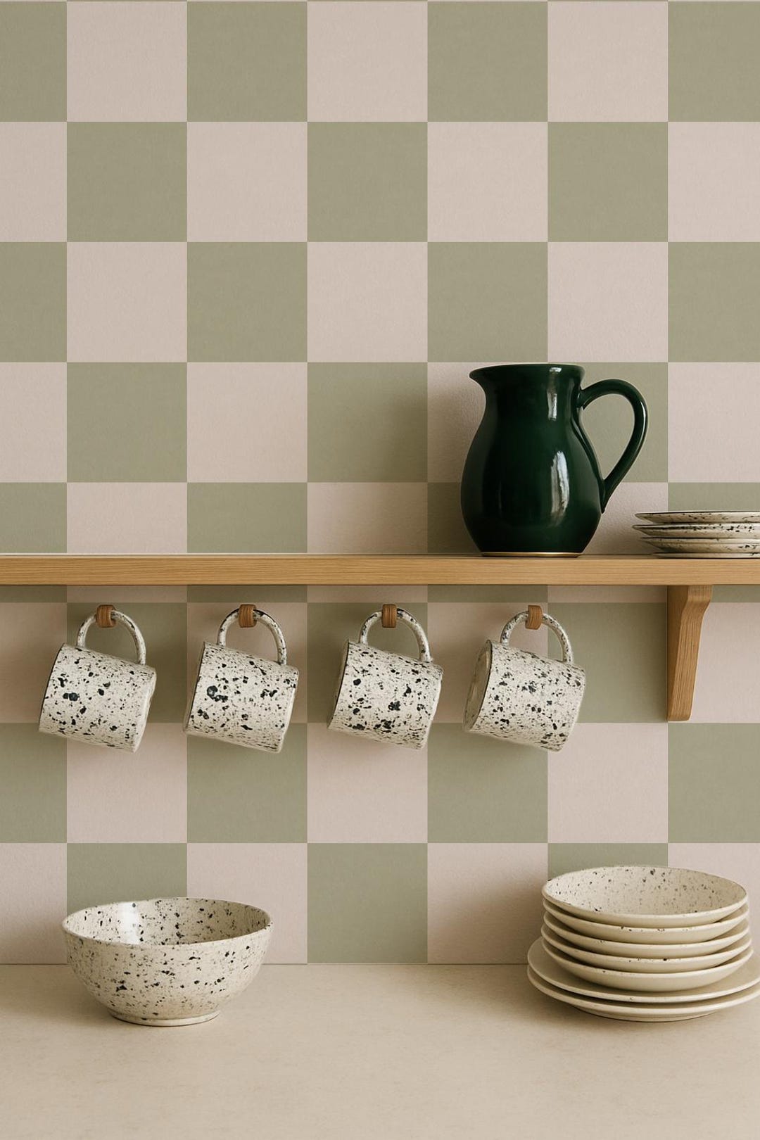 Minimal Sage Check Wallpaper: Light Green Gingham Mid-century Modern ...