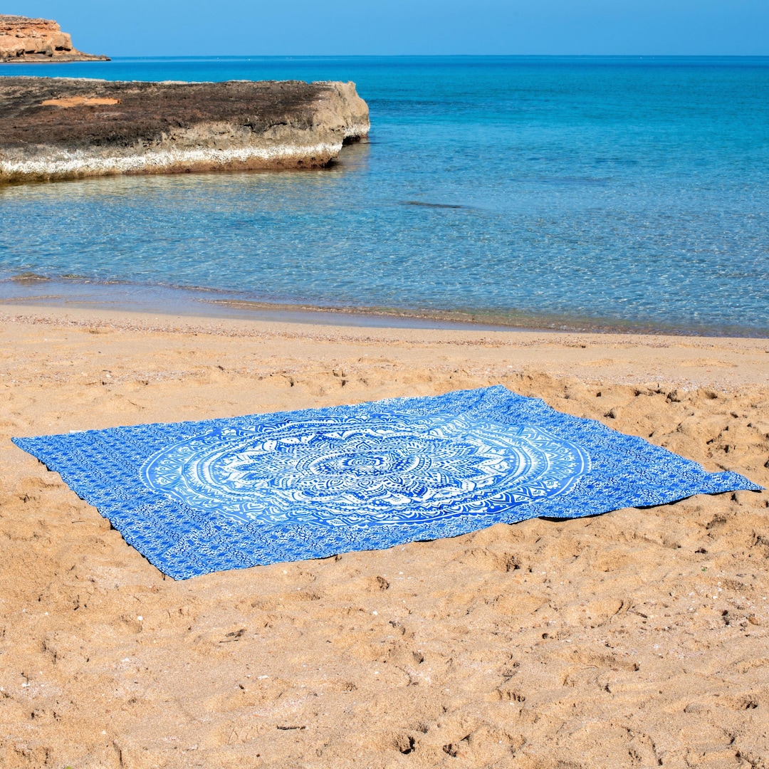 XXL Handprinted Mandala Bohemian 100% Cotton Beach Blanket – Blue Ombre ...