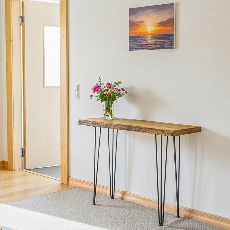 Ash Live Edge Table, Narrow and Tall With Four Black Hairpin Legs ...