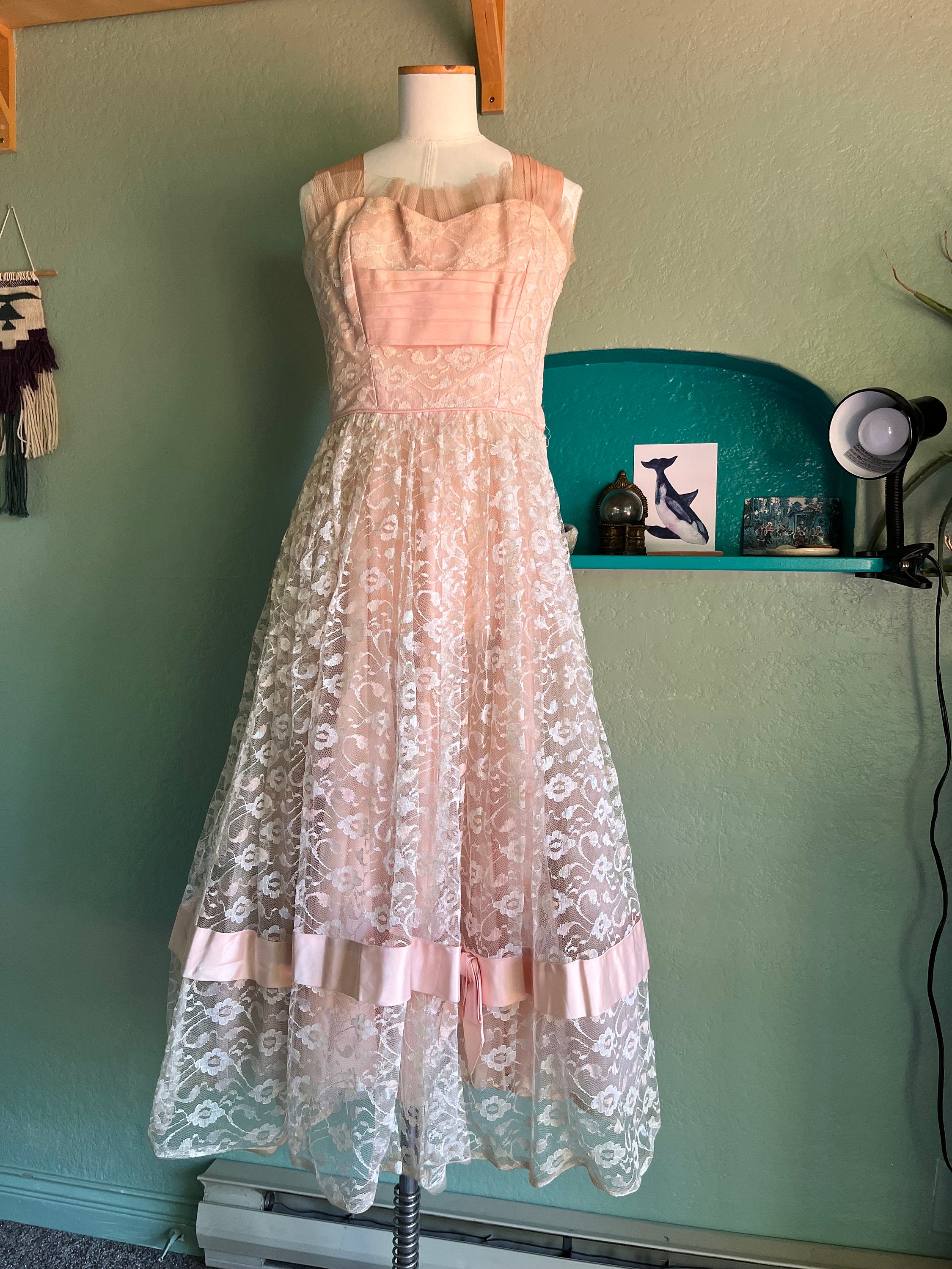 Vintage 1950s Peachy Pink Tulle Lace Formal Dress: 36" Bust - Etsy