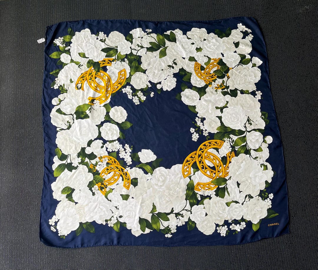 Vintage Chanel Silk Handkerchief / Chanel Silk Scarf Navy Blue With ...