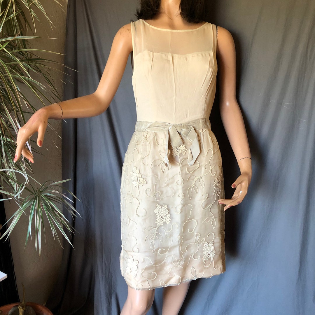 Vintage 1960s Neutral Beige Sheer Dress / Embroidered 60s Dress ...