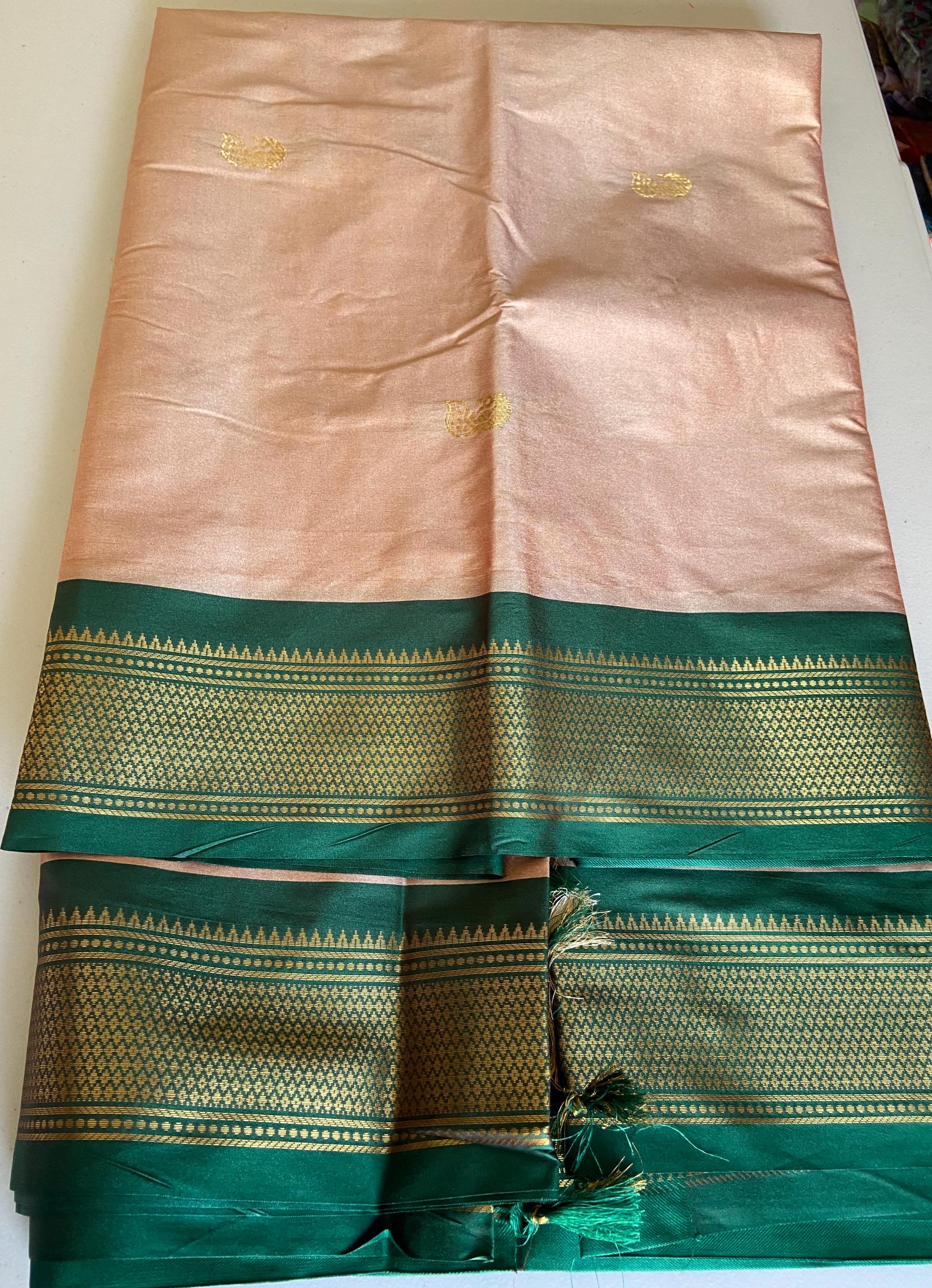 Beautiful Super Soft Temple Border Kanjivaram Silk Saree (peach/green ...