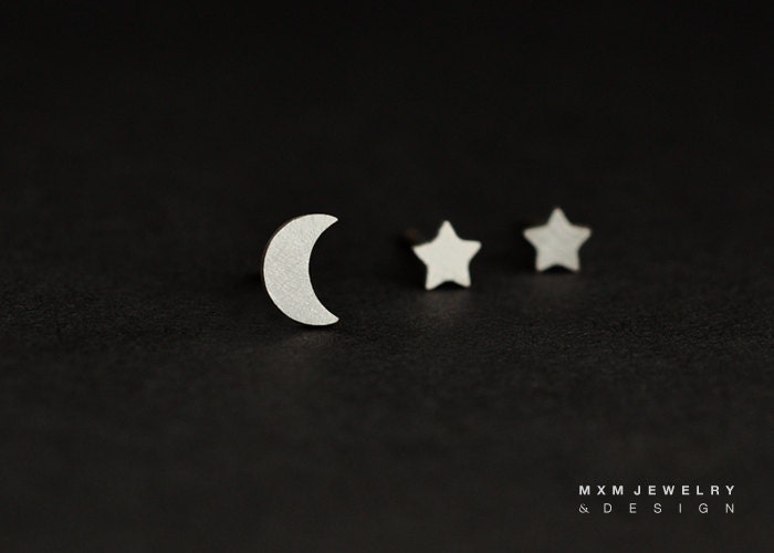 Sterling Silver Moon & Mini Stars Stud Earrings - Etsy