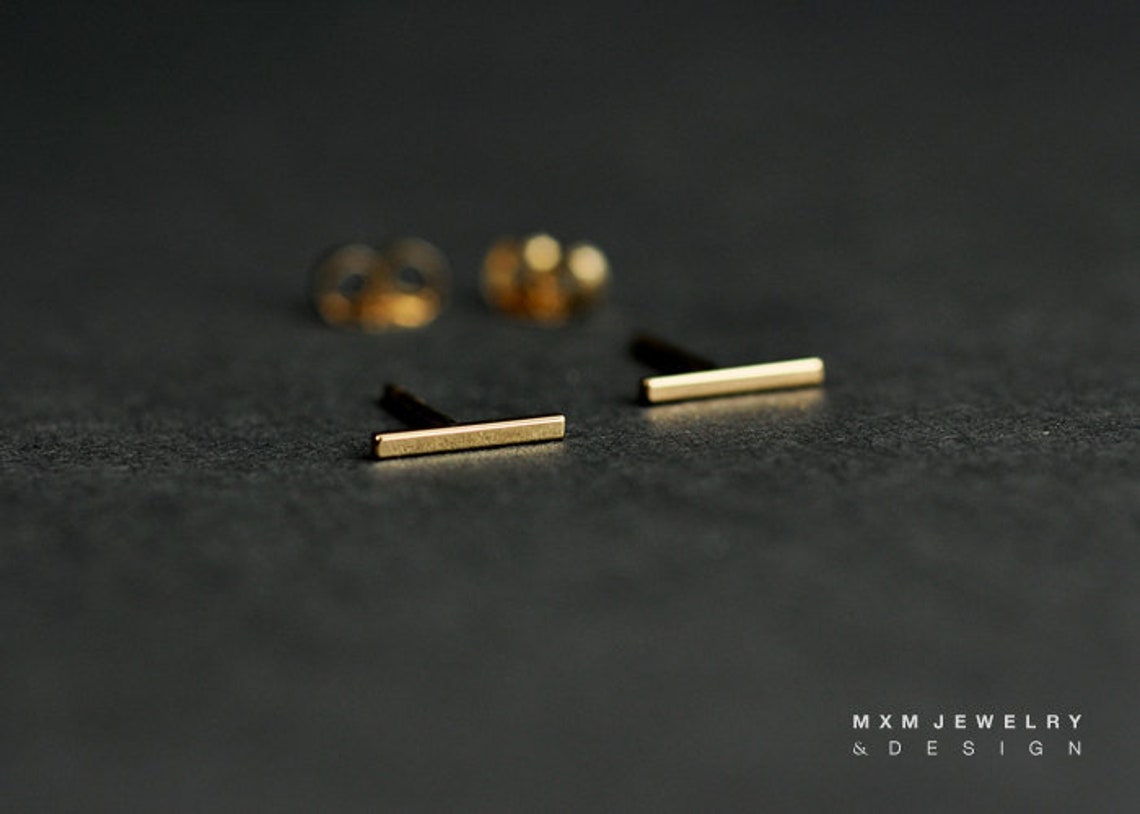14K Yellow Gold Bar Stud Earrings - Etsy
