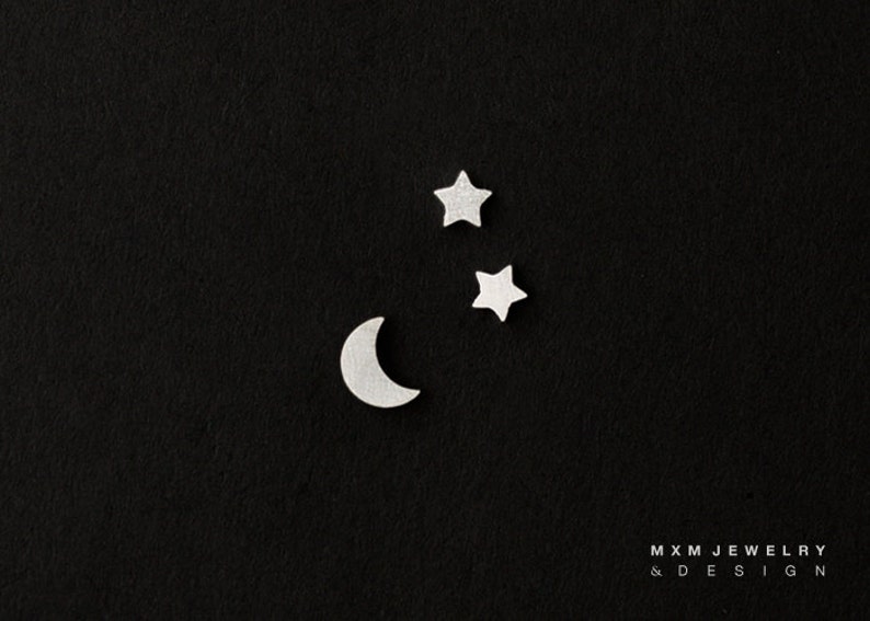 Sterling Silver Moon & Mini Stars Stud Earrings - Etsy