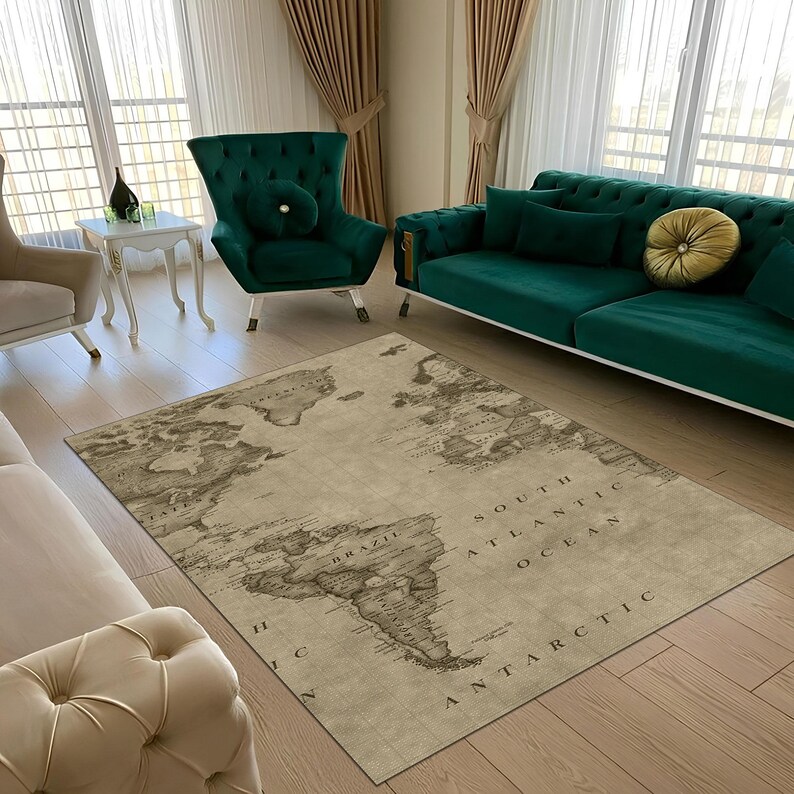 Vintage World Map Rug – Antique Style Digital Carpet for Living Room ...