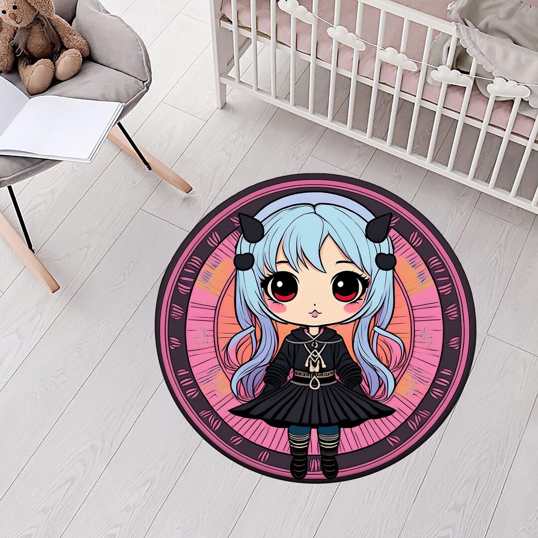Kawaii Anime Girl Rug, Cute Chibi Floor Rug in Pastel Gothic Style ...