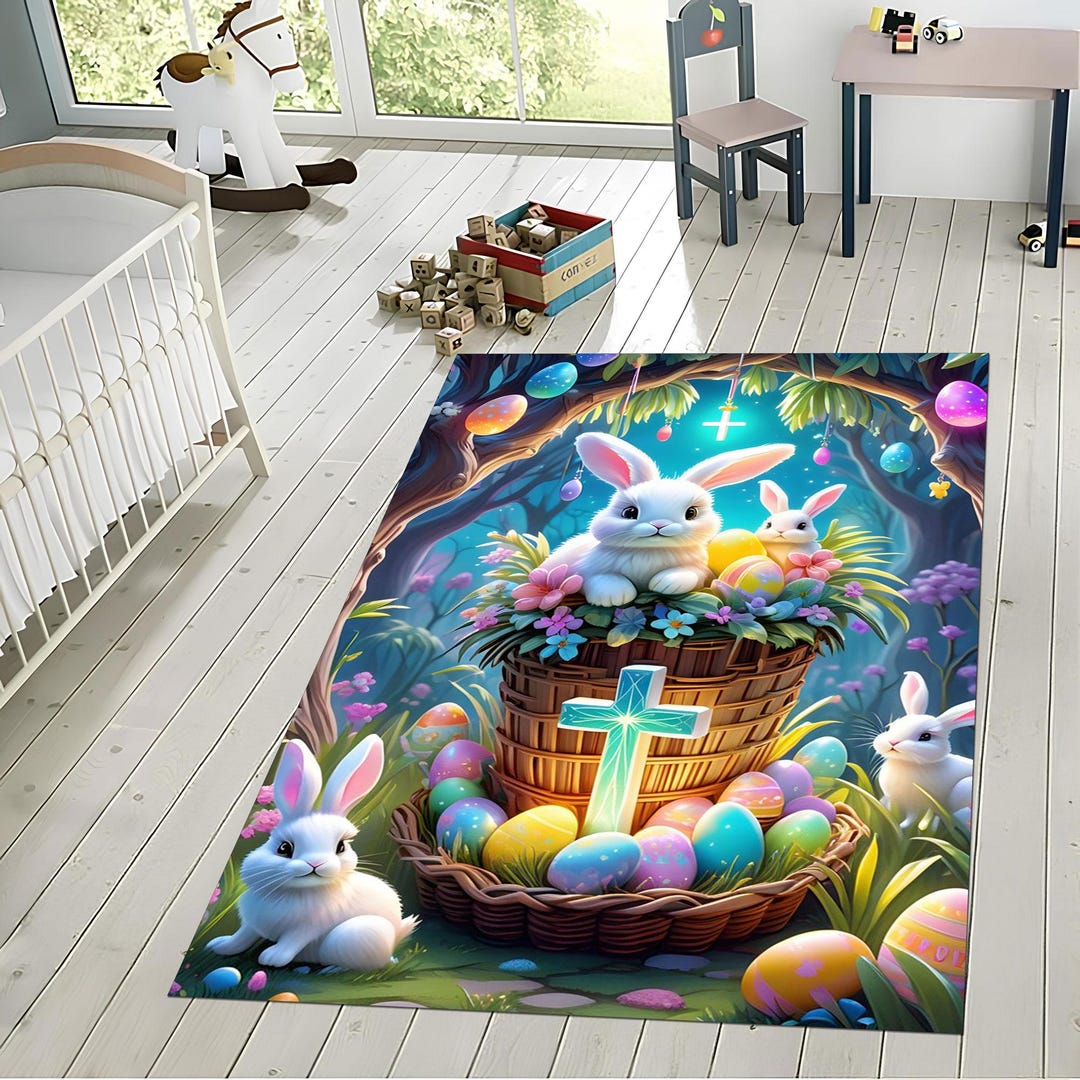 Whimsical Easter Rug Design, Easter Bunny and Egg Basket Rug, Modern ...