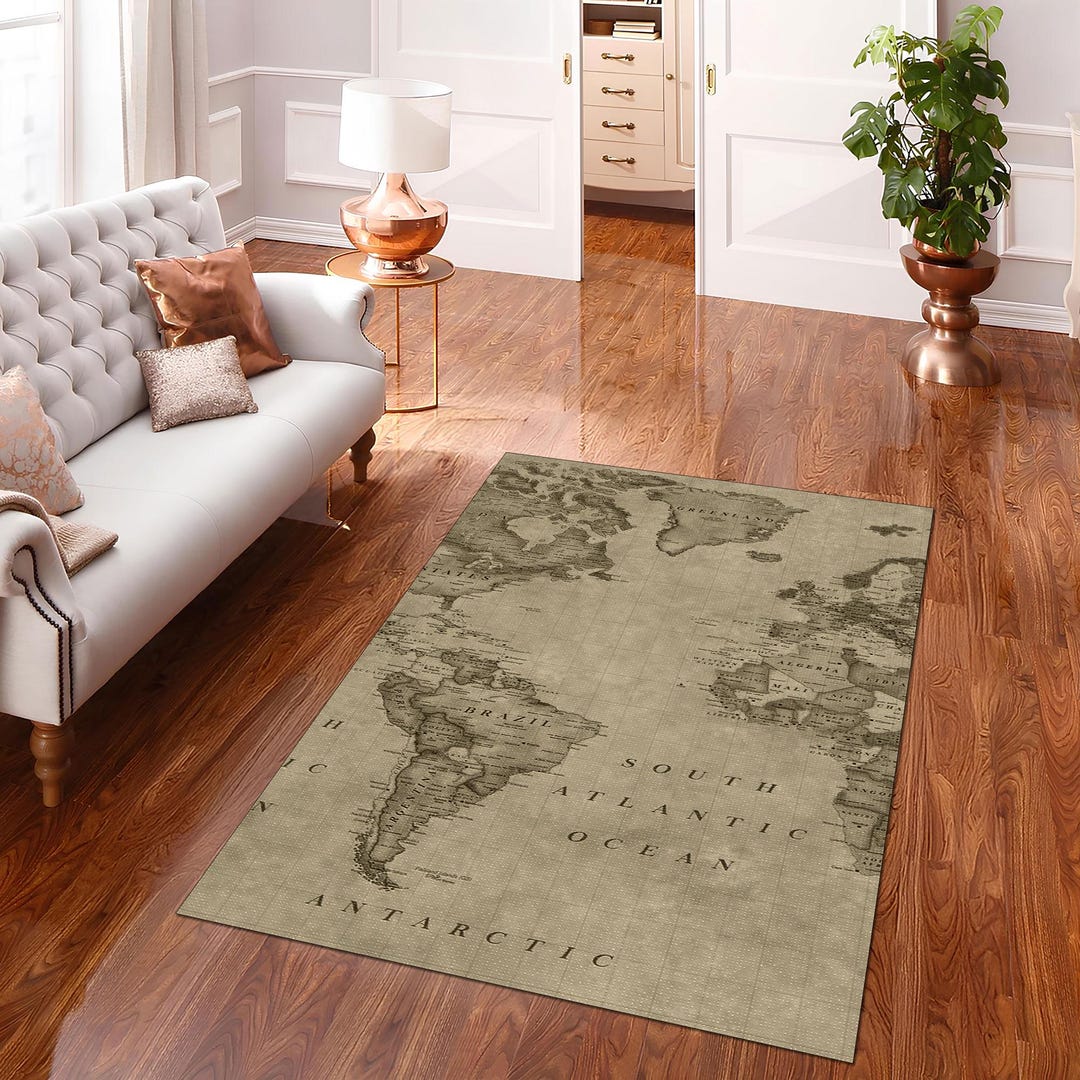 Vintage World Map Rug – Antique Style Digital Carpet for Living Room ...