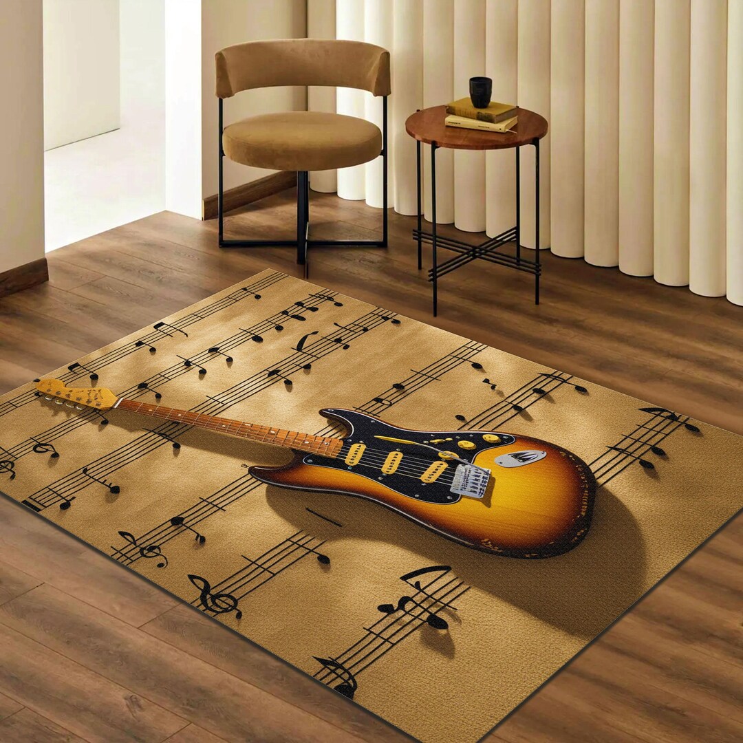 Music Notes Rug With Electric Guitar,modern Musician Decor, Washable ...