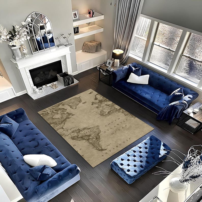 Vintage World Map Rug – Antique Style Digital Carpet for Living Room ...