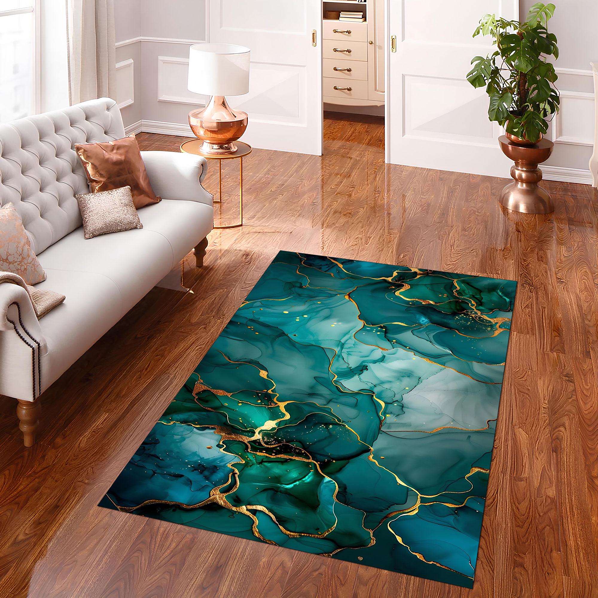 Emerald Green Gold Vein Pattern Modern Artistic Carpet, Luxury Marble ...