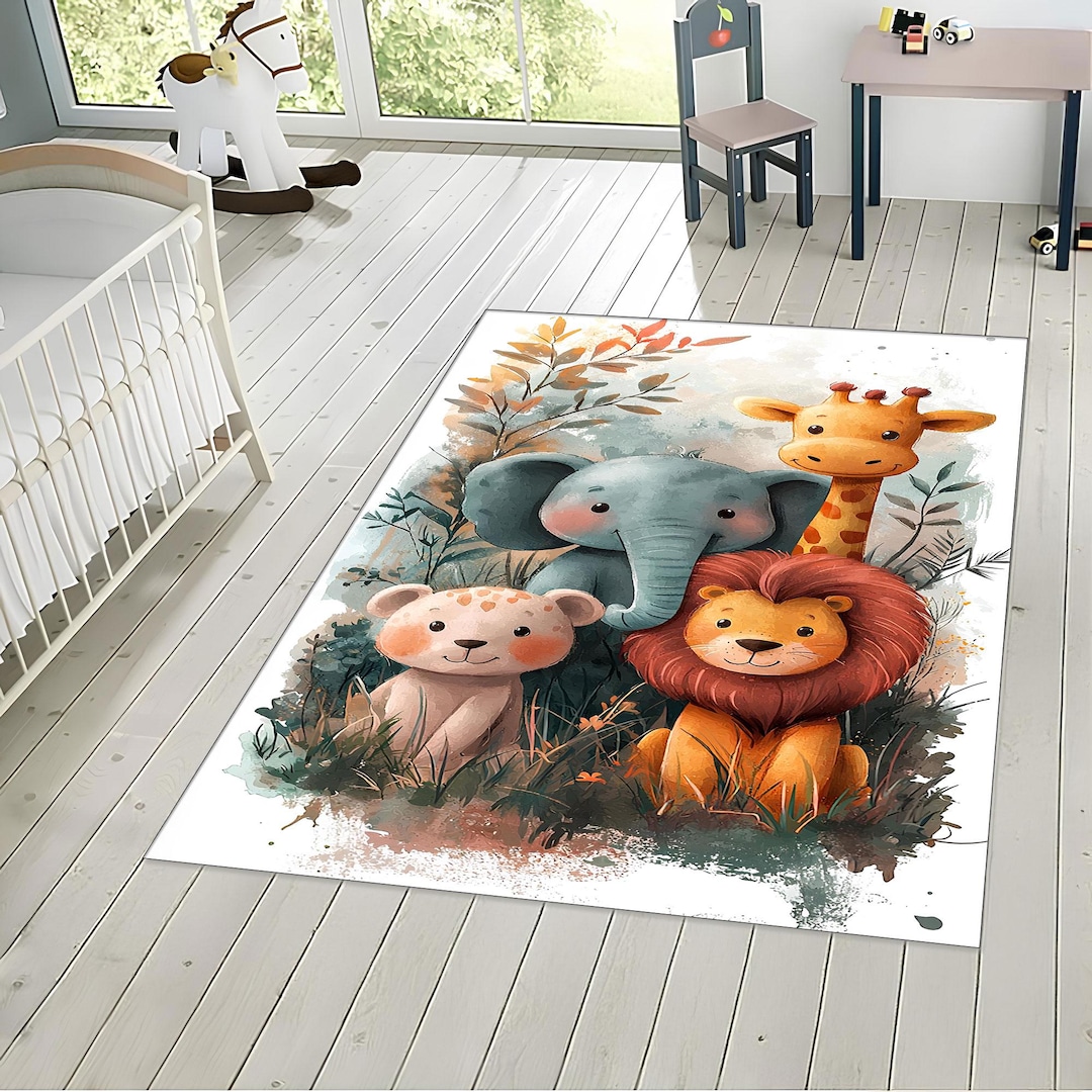 Safari Jungle Animal Carpet | Printed Kids Room Floor Mat With Elephant ...
