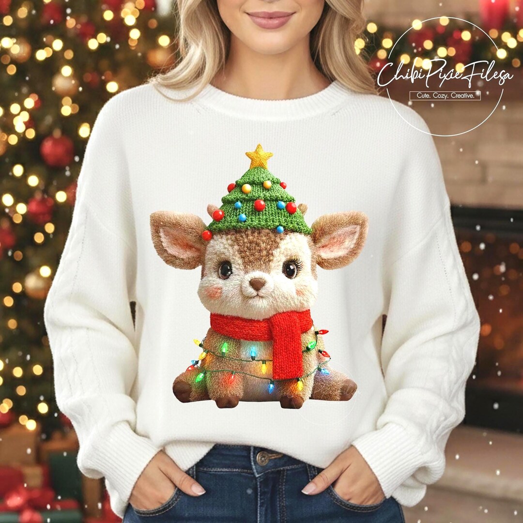 Christmas Deer PNG: Fuzzy Reindeer Clipart With Tree Hat (digital ...