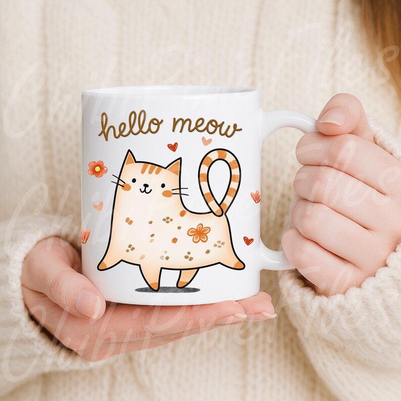 Hello Meow Cat PNG: Chibi Floral Sublimation Design (digital Download ...