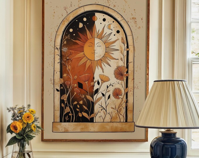 Blue Sun Art Poster Mystical Norse Folk Art Illustration Flowery ...