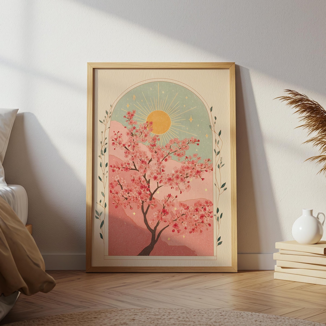 Cherry Blossom Pink Poster, Living Room Wall Art, Cherry Blossom Folk ...