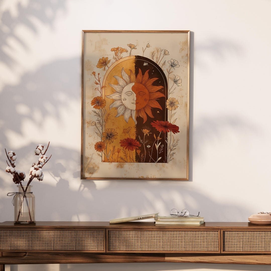 Bohomian Sun and Floral Art Print, Mystical Sun Flowery Poster, Earthy ...