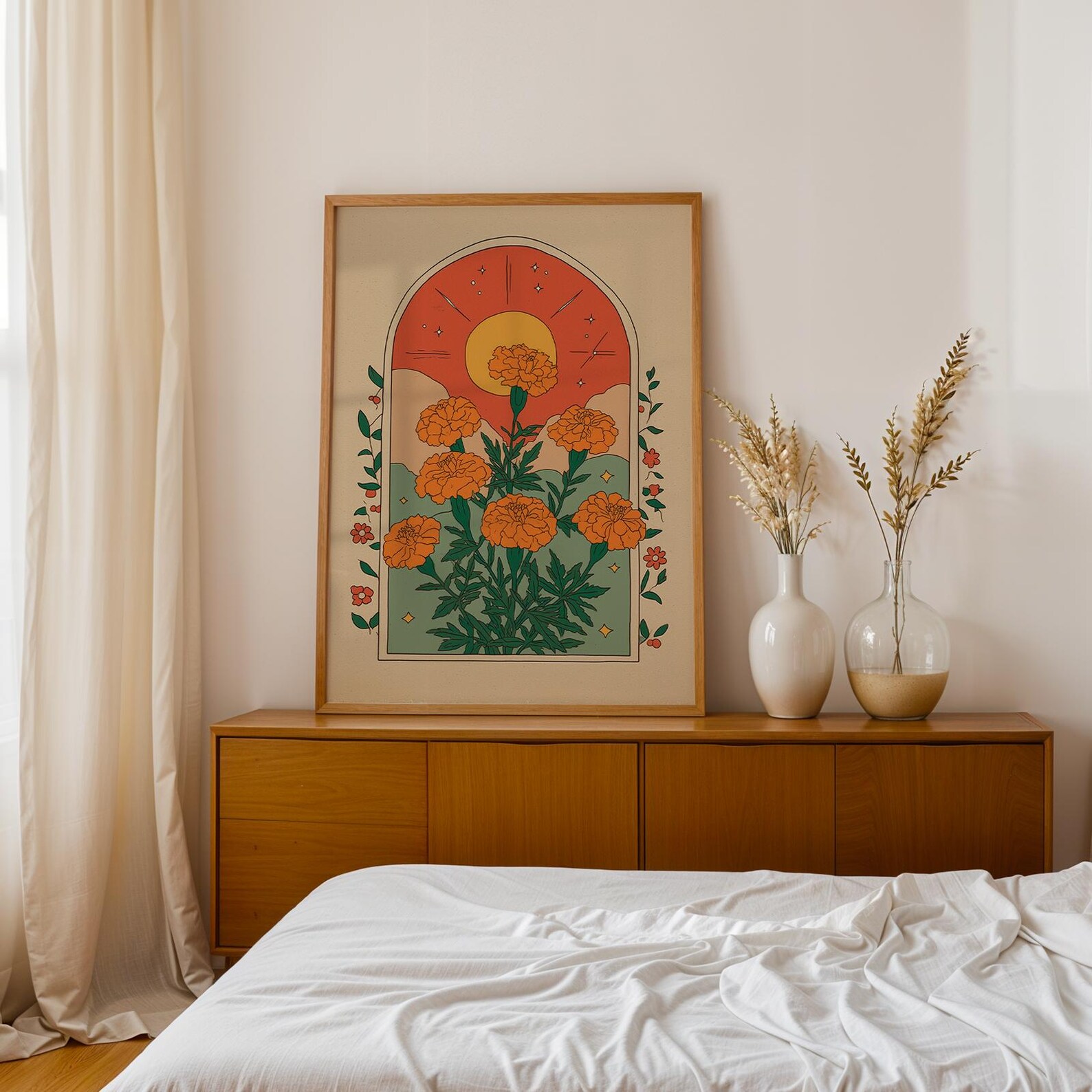Marigold Flower Folk Art Print, Boho Botanical Poster, Vintage Inspired ...