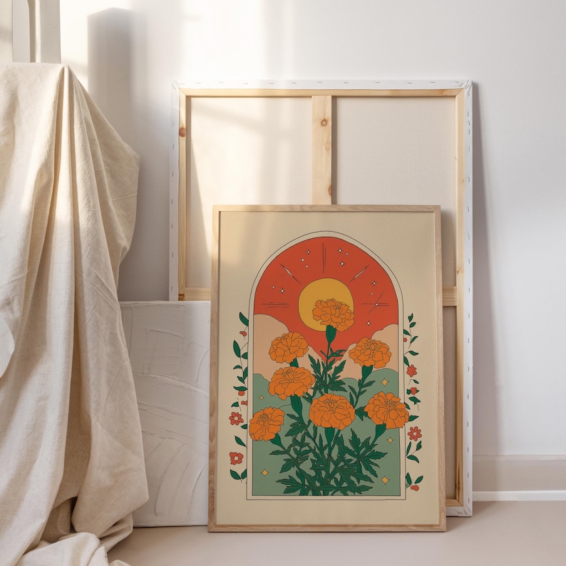 Marigold Flower Folk Art Print, Boho Botanical Poster, Vintage Inspired ...