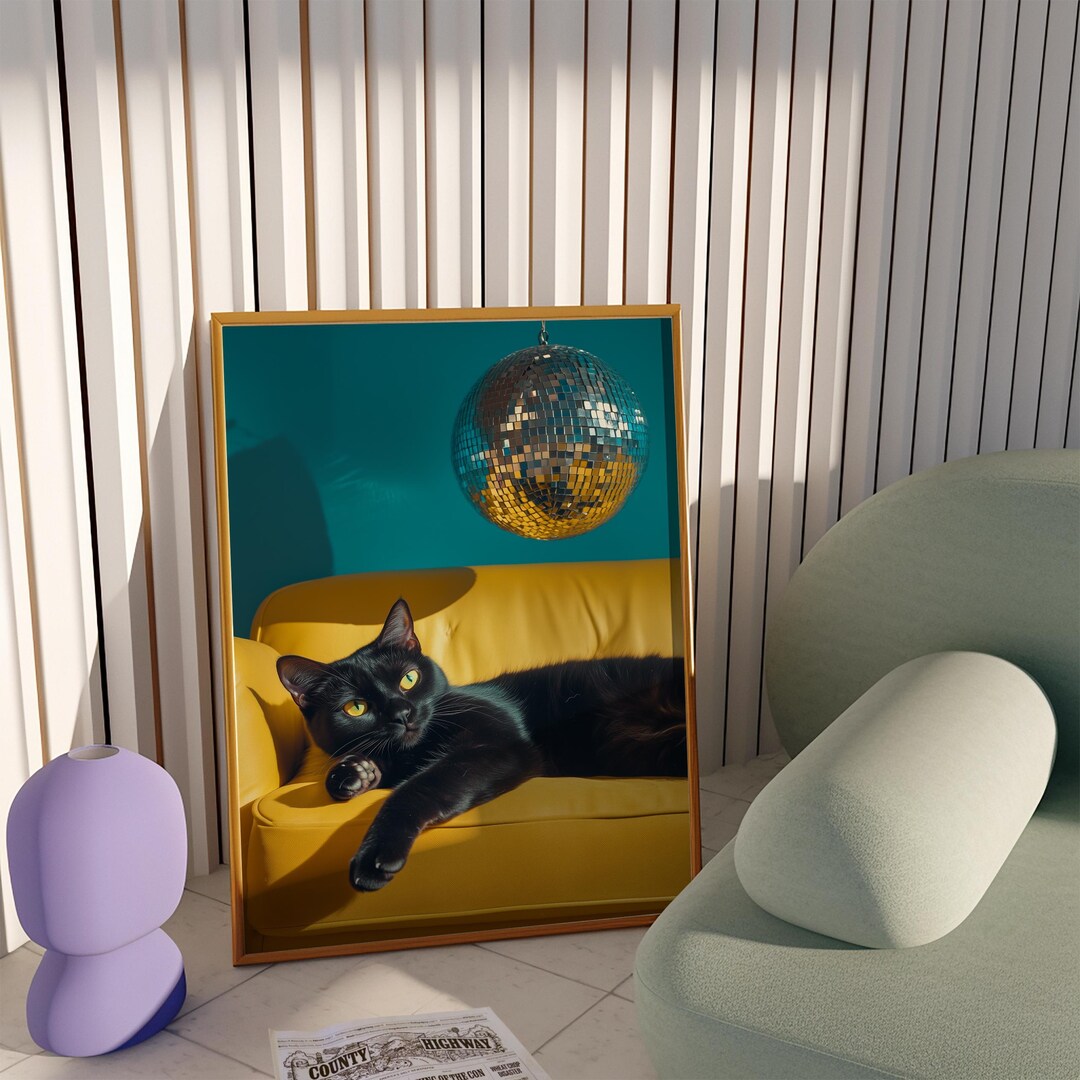 Cozy Black Cat With Disco Ball, Disco Ball Cat Print, Cat Lover Decor ...