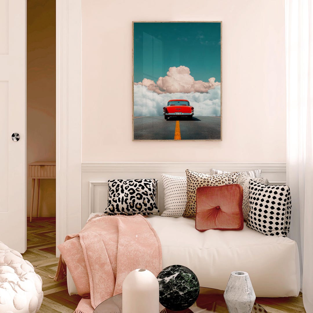 Retro Car With Cloud, Vintage Collage Wall Art, Surreal Cloud With Car ...