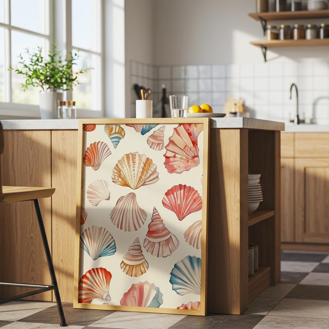 Watercolor Seashell Pattern Wall Art, Unique Seashell Poster, Beach ...
