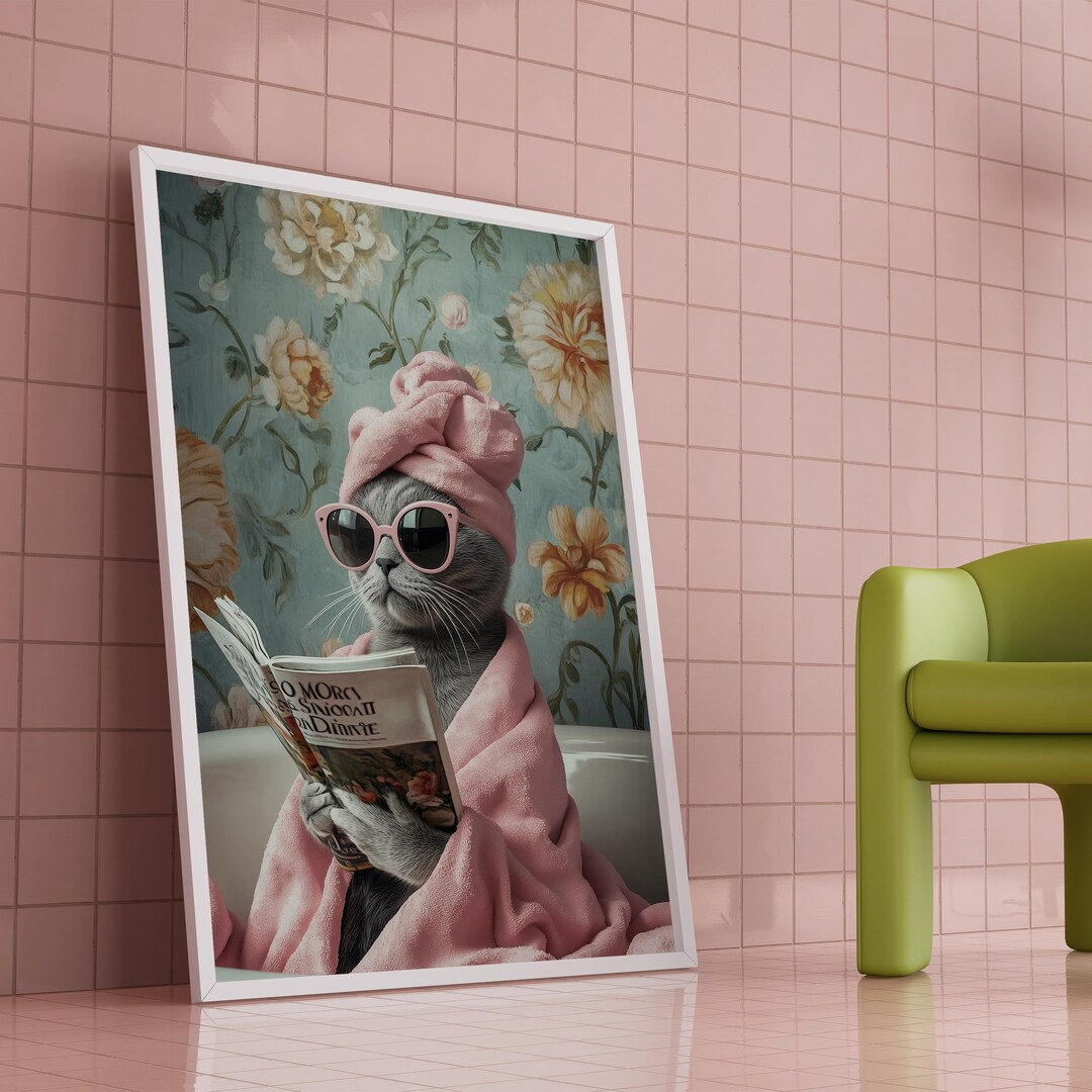 Funny Grey Cat Print for Toilet Wall Art Print, Maximalist Wall Art ...