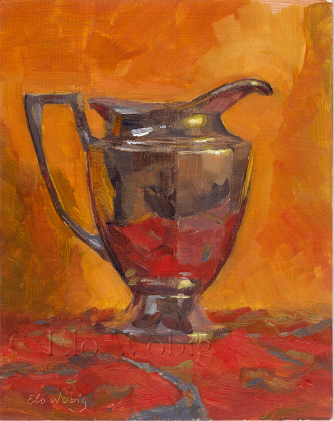 Original Oil Painting Still Life Metal Pewter Water Pitcher Gold Orange ...