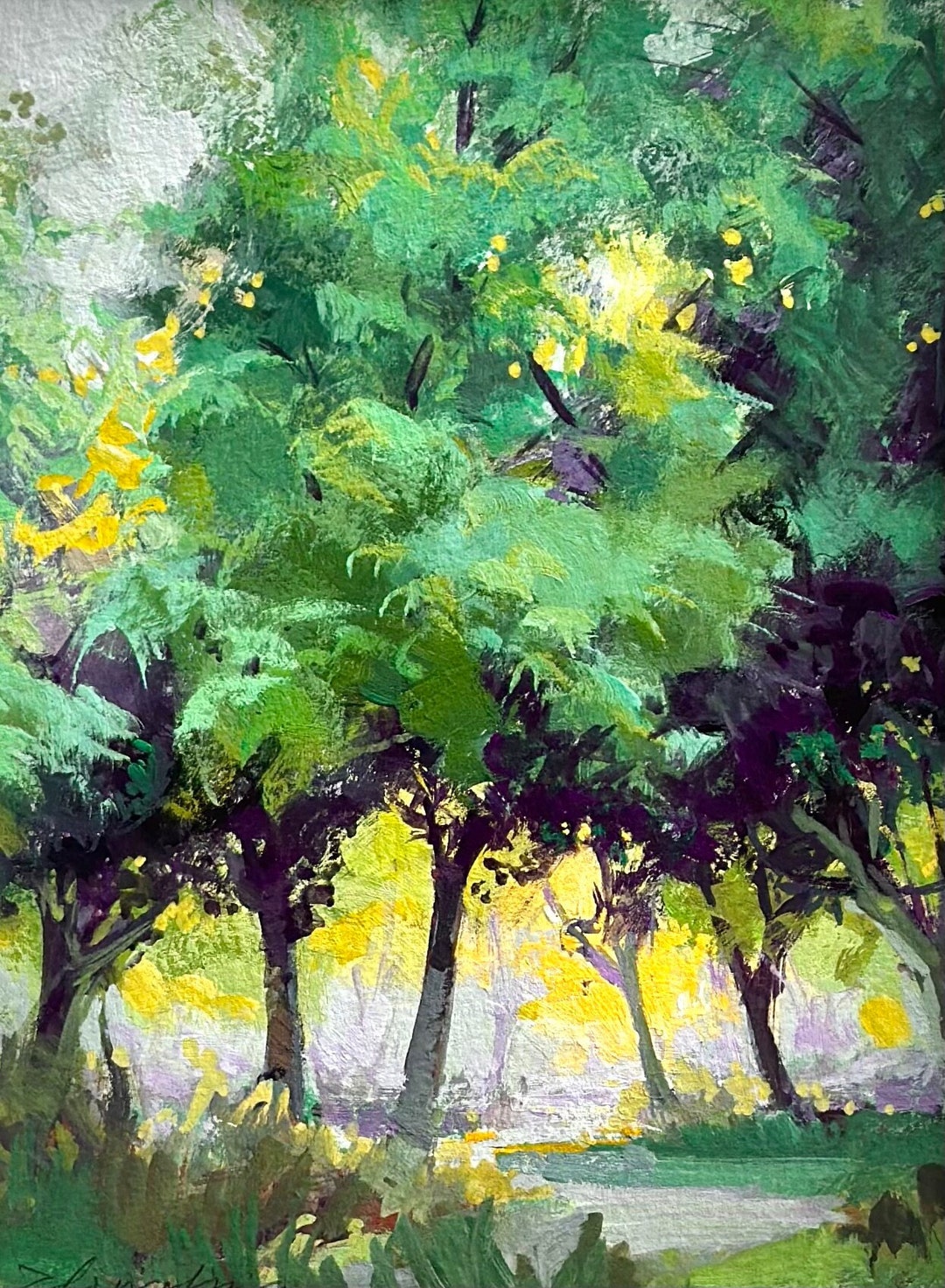 Original Gouache Painting Glints of Gold Trees Impressionist Landscape ...