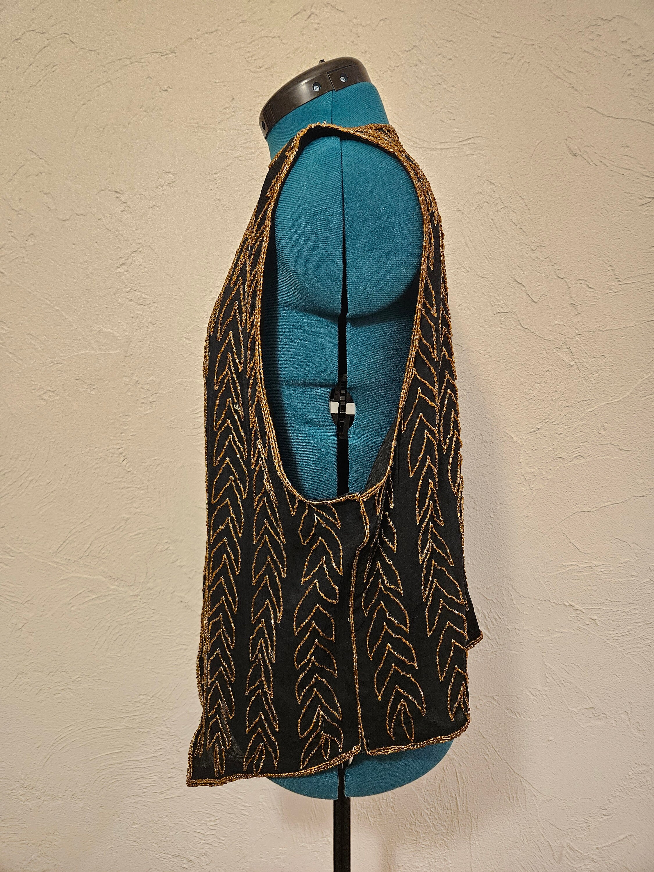 Sweet Sue Black Gold Beaded Leaf Vest Chevron Amber Embroidery 1980s ...